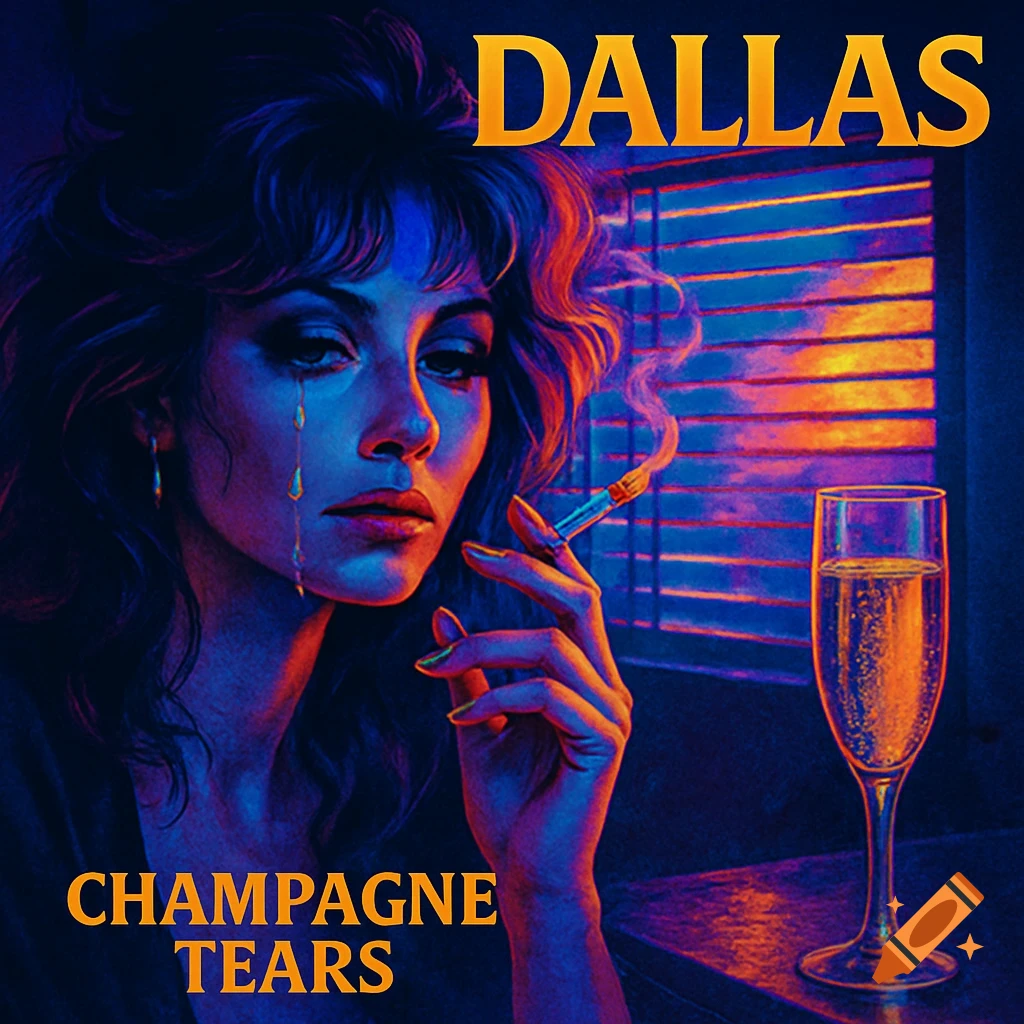 80s-style album cover. A crying woman smokes a cigarette by a champagne ...