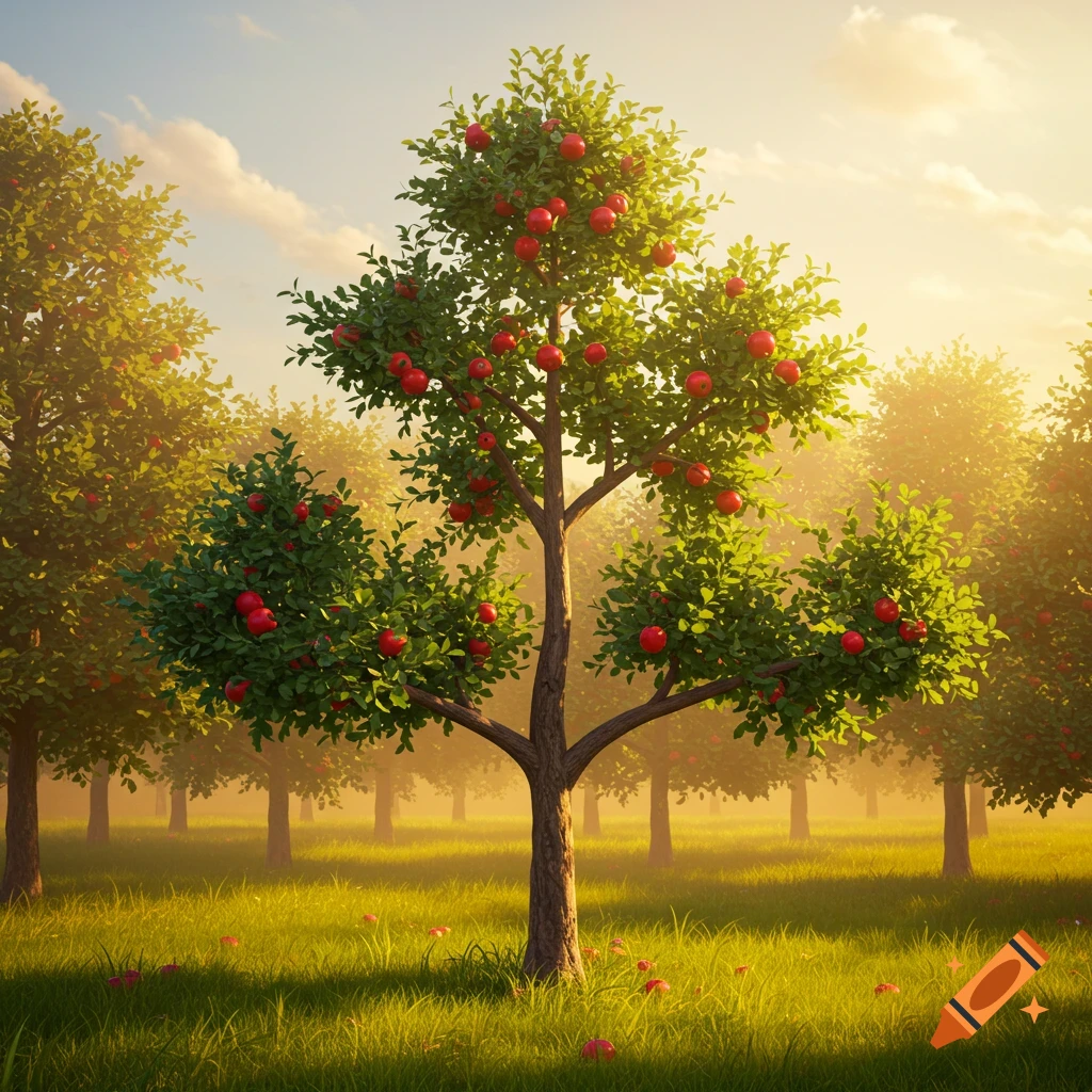 A vibrant apple tree laden with red apples stands in a sunny, green ...