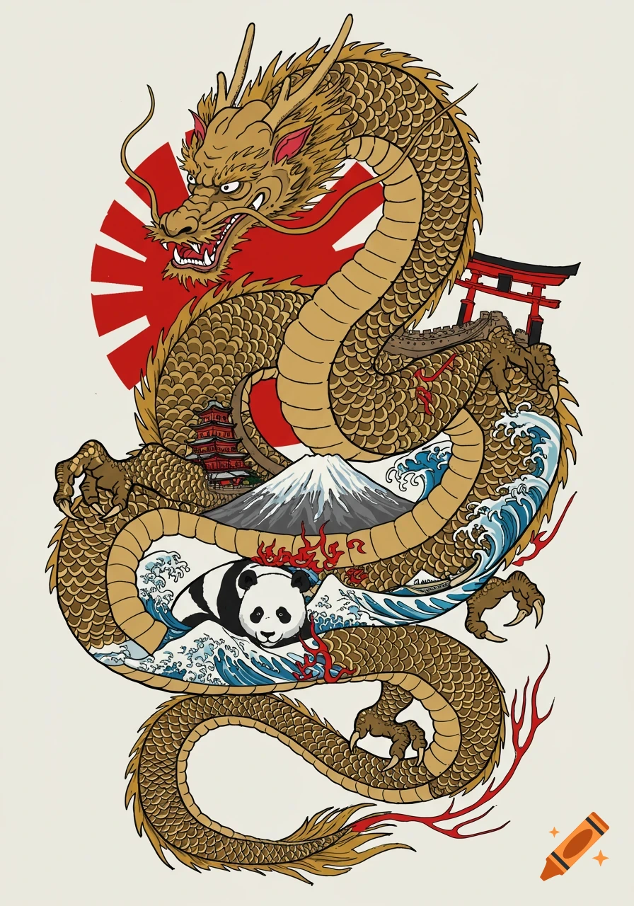 A colorful line drawing of an orange Asian dragon rising amidst blue ...