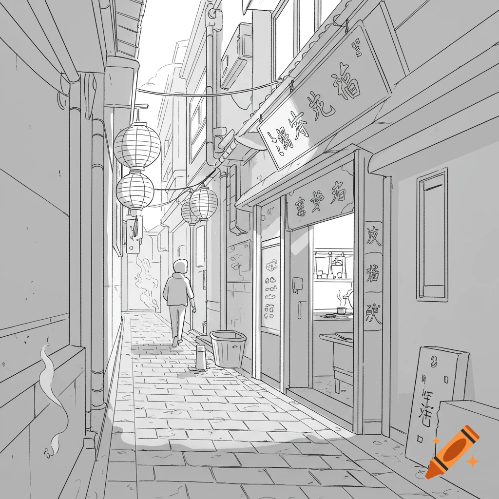 A cartoonish line art drawing of a person walking down a narrow urban ...