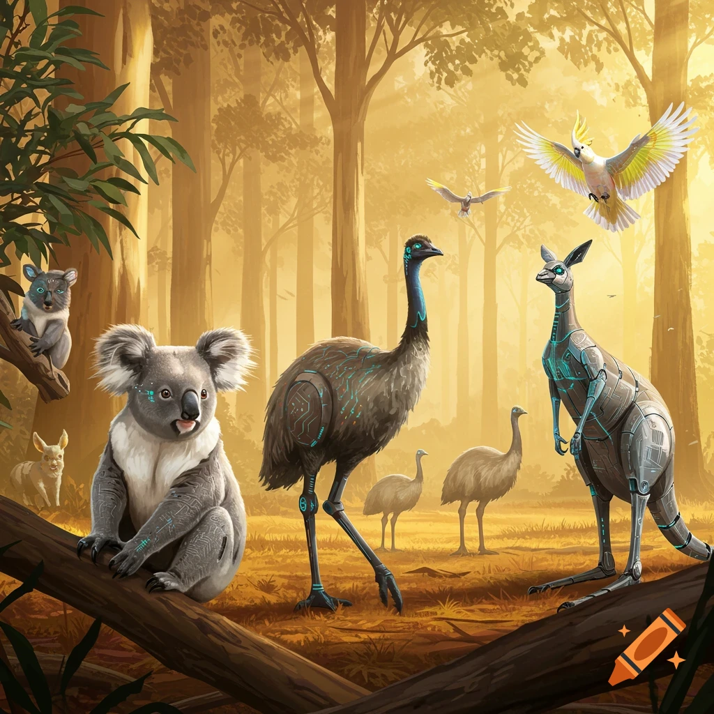 Digital painting of robotic Australian animals including a koala, emu ...