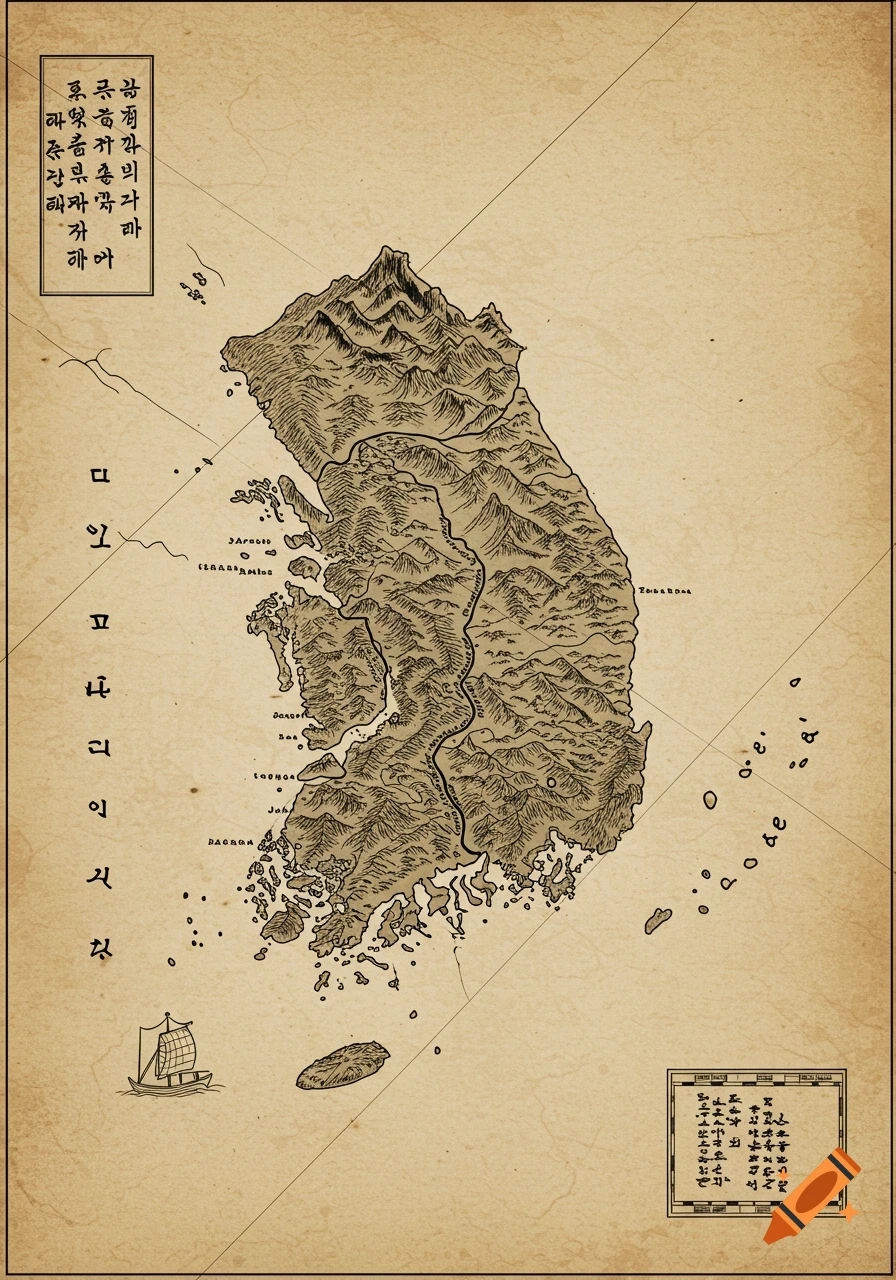 An antique-style map of the Korean Peninsula with detailed mountains and rivers, on aged paper ...