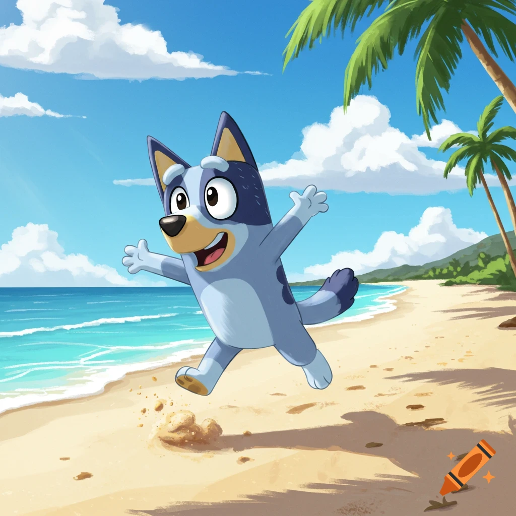 Cartoon blue dog, Bluey, jumps excitedly on a sunny beach with the ...