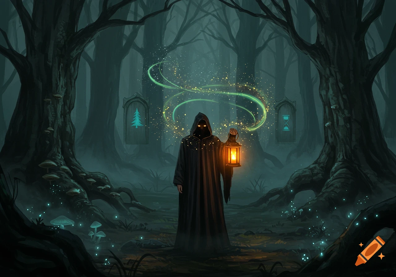 A mysterious hooded figure with glowing eyes holds a golden lantern in ...