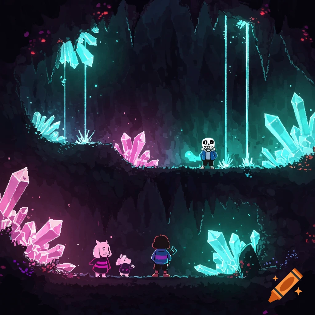 A pixel-art scene of Undertale characters Sans, Toriel, Frisk, and a ...