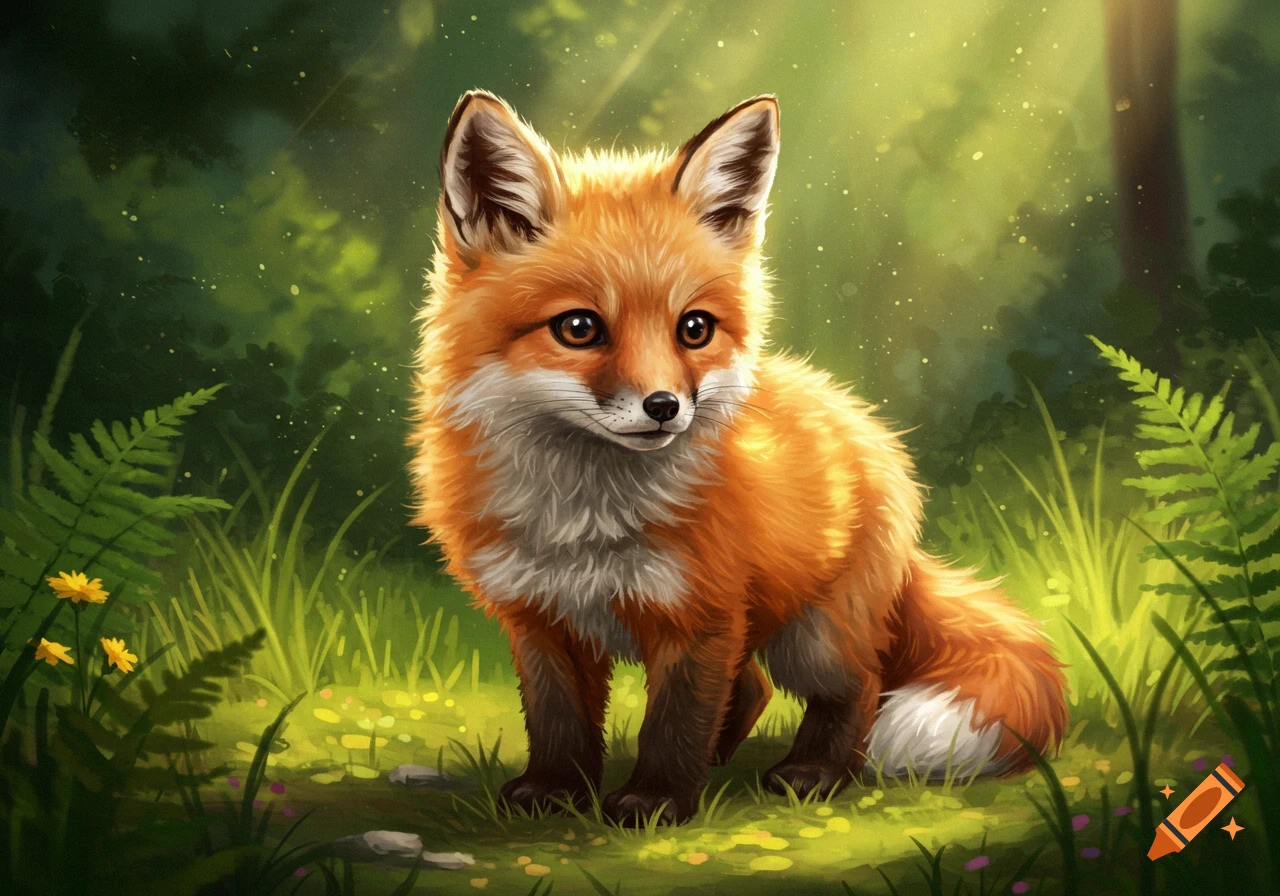 A red fox with a white chest sits in a sunlit meadow blooming with ...