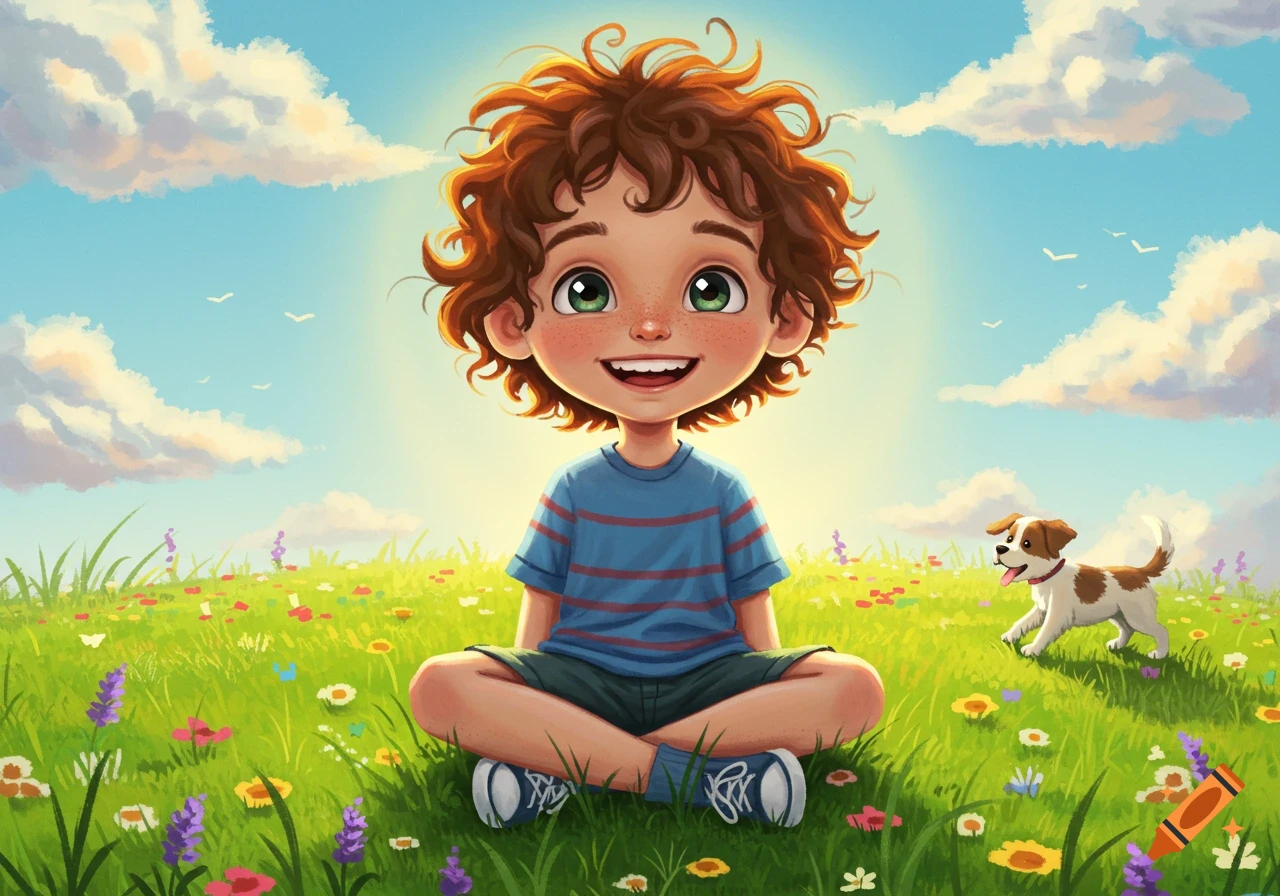 Happy cartoon boy with brown hair running through a vibrant, colorful ...