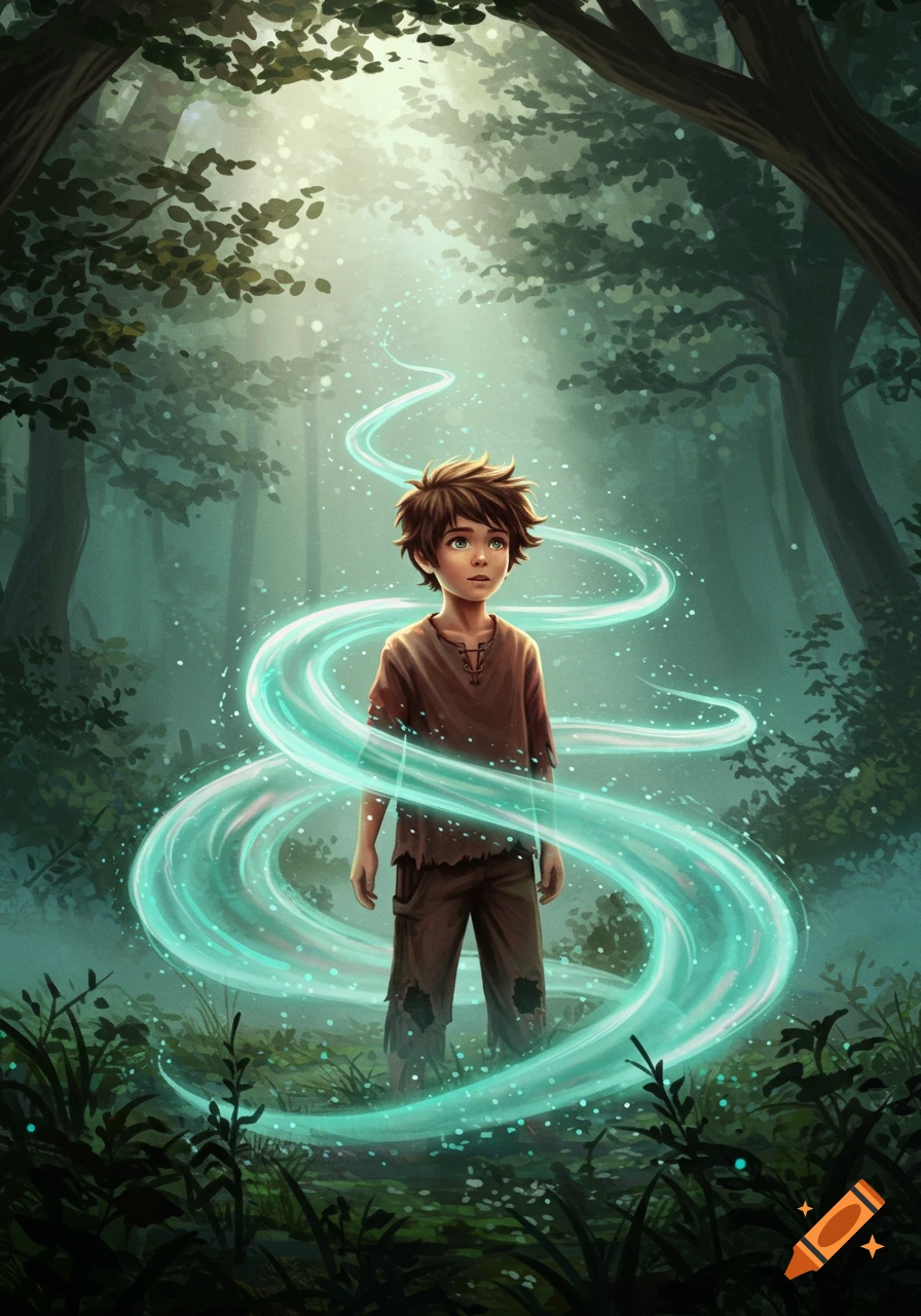A young boy with brown hair stands in a magical forest, surrounded by ...
