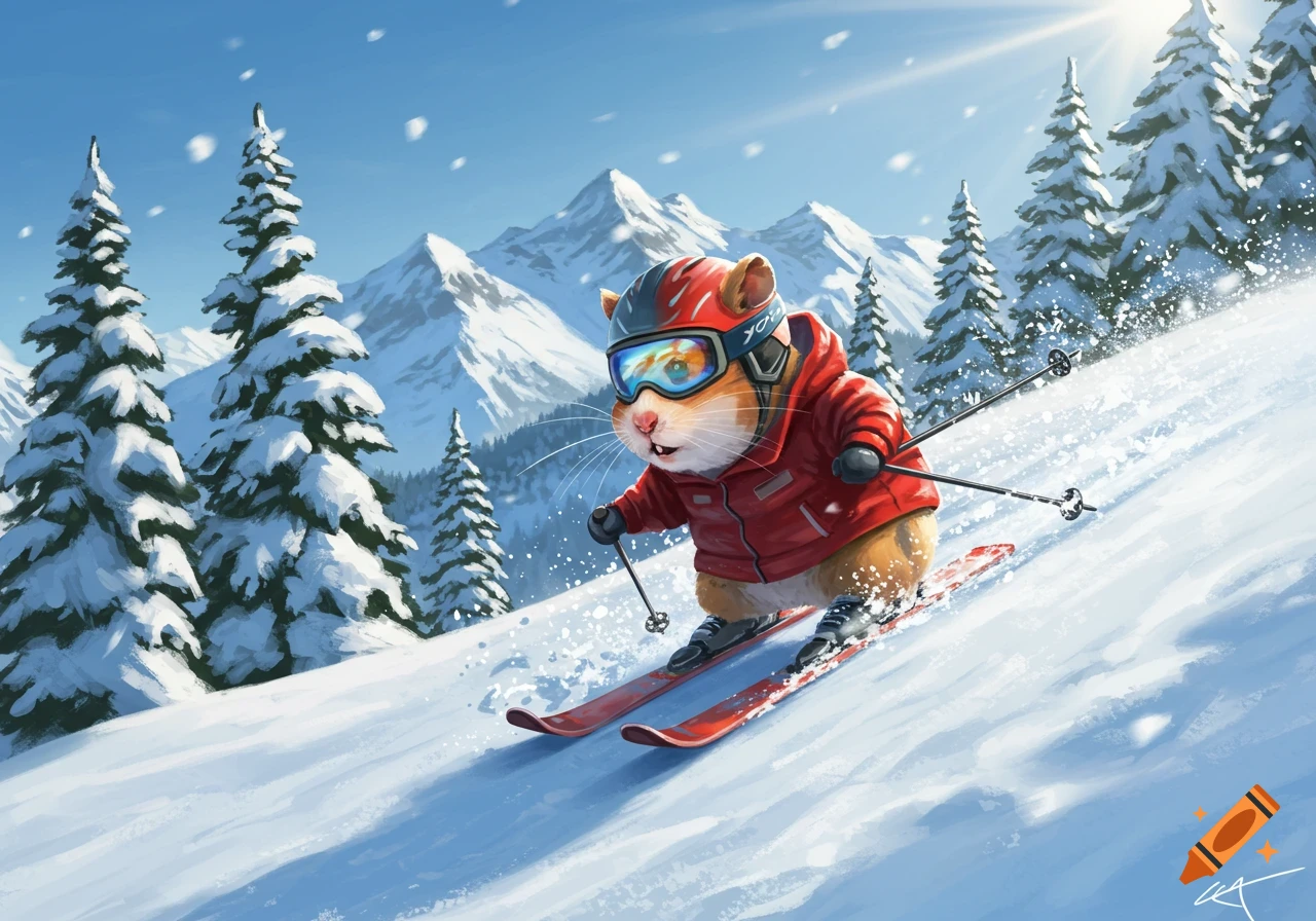 A cute cartoon pig in a colorful ski suit and reflective sunglasses ...