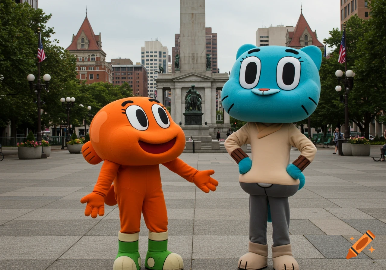 Gumball and Darwin Watterson mascot characters stand posing in front of ...