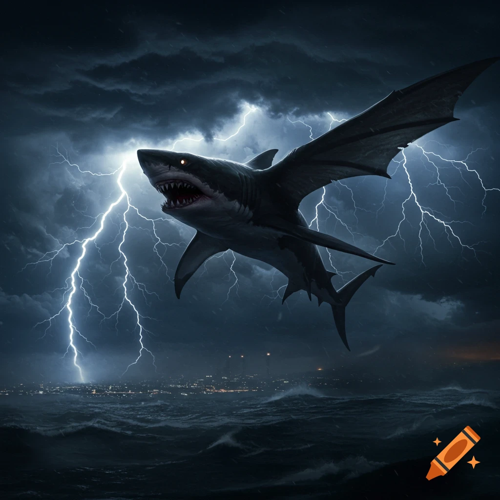 A menacing winged shark with glowing eyes flies through a dark ...