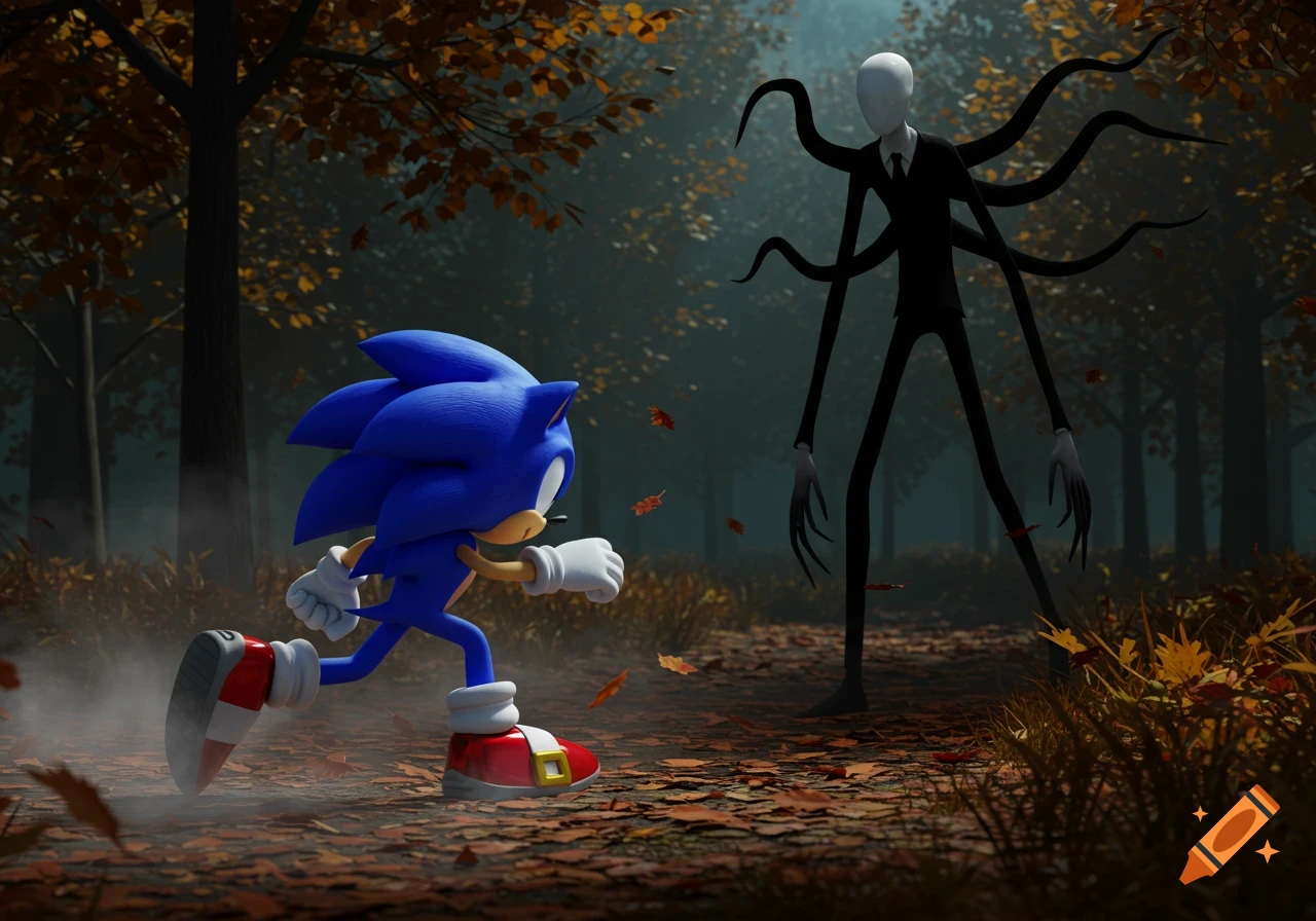 Sonic the Hedgehog runs through a misty autumn forest as Slender Man ...
