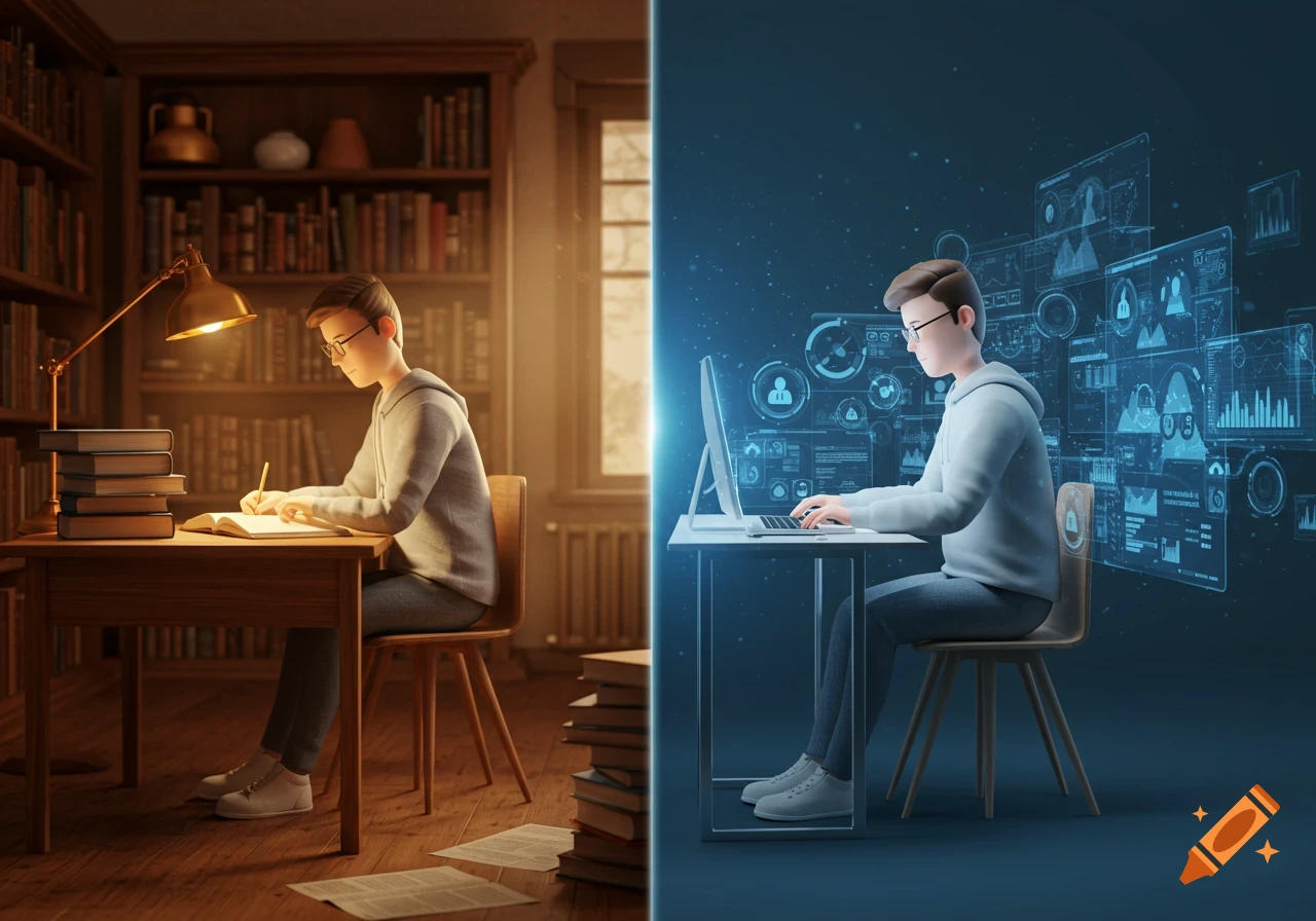 3D illustration of a student, split frame: left shows him writing in a ...
