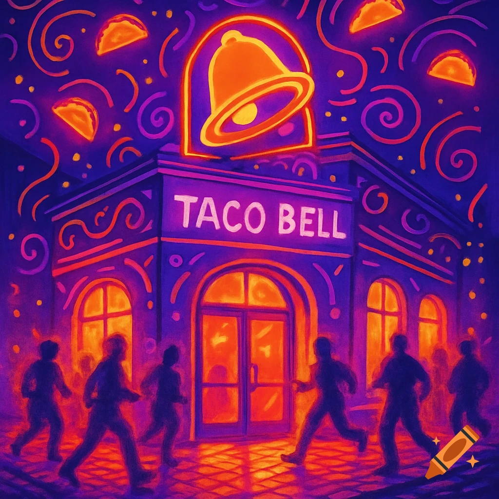 Neon-style illustration of a Taco Bell restaurant at night, with a ...