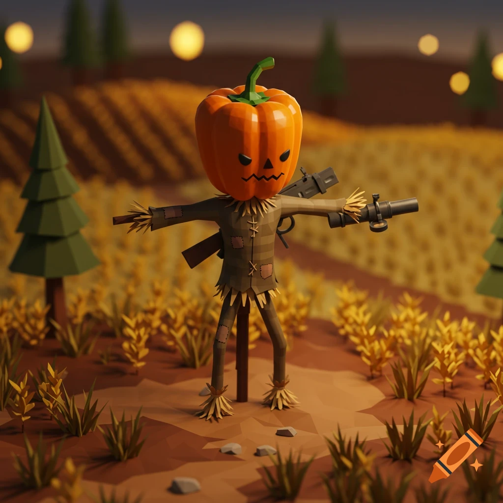 A low-poly, isometric scarecrow with an orange bell pepper head holds a ...