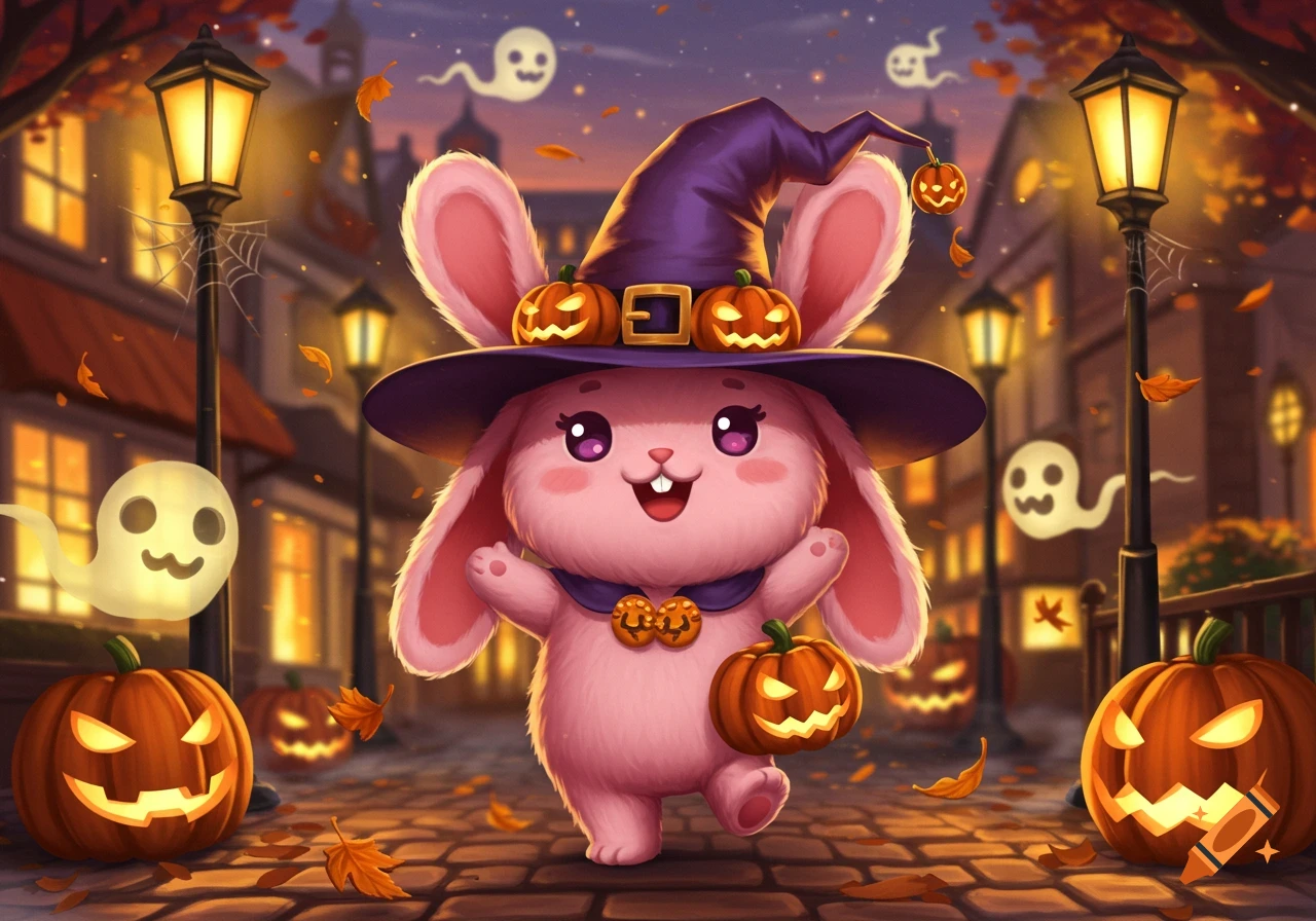 A cute pink fluffy rabbit in a witch hat walks on a cobblestone street ...