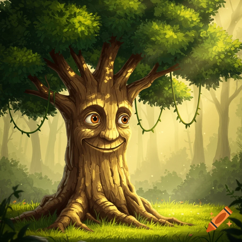 A happy, friendly cartoon tree with a smiling face and large eyes ...