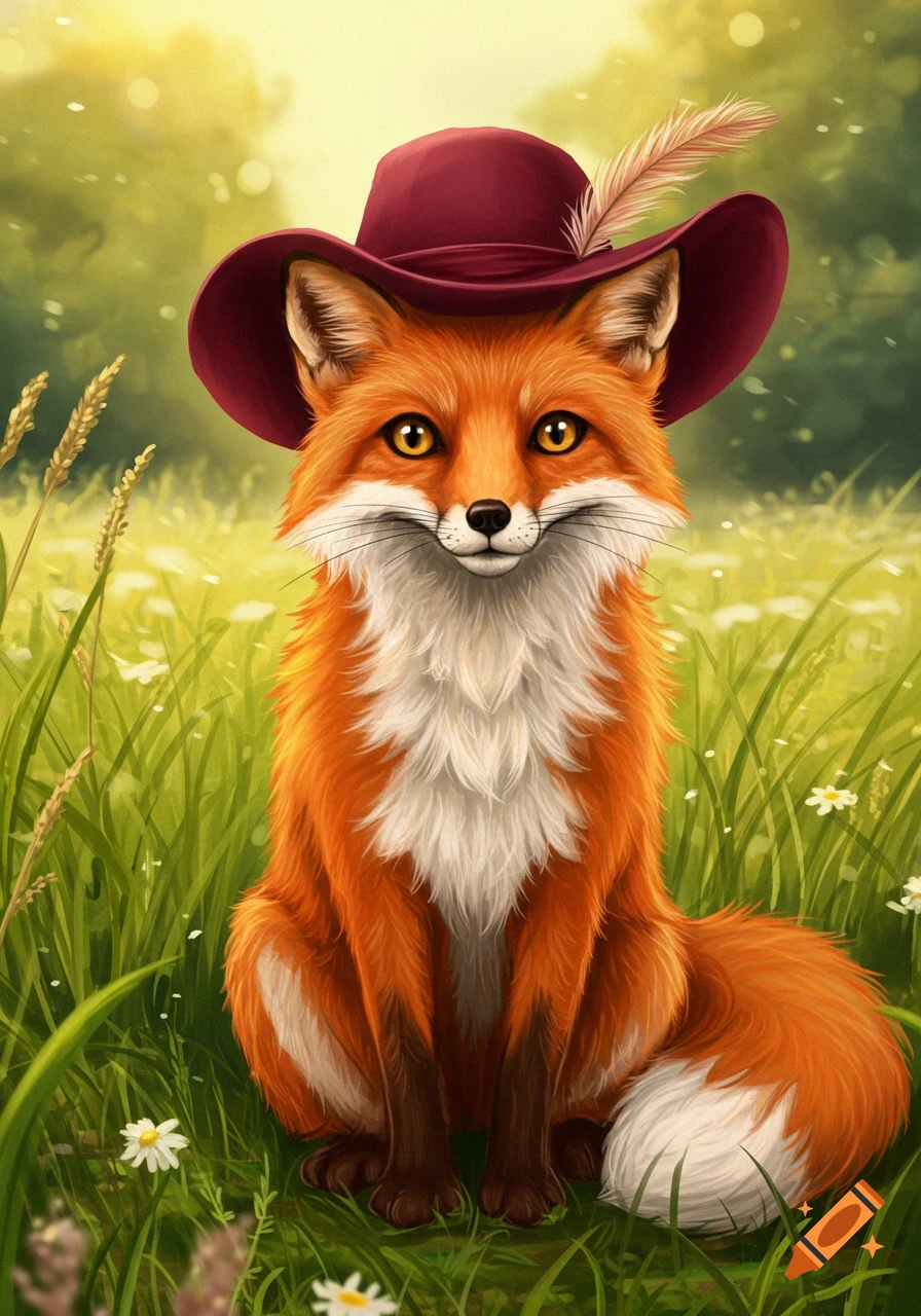 A cute, stylized fox wearing a red hat sits in a sunny grassy field ...