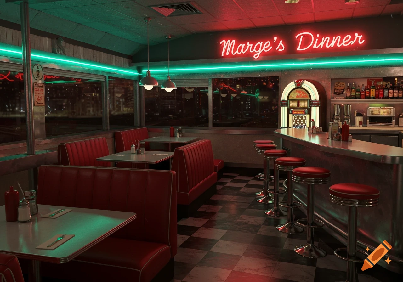 A retro illustrated diner with red booths, a black and white checkered ...