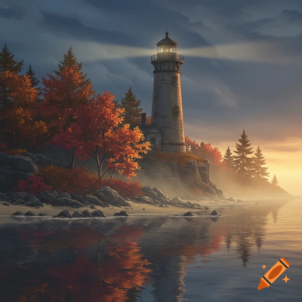 A stylized autumn landscape depicts a lighthouse on a rocky cliff ...
