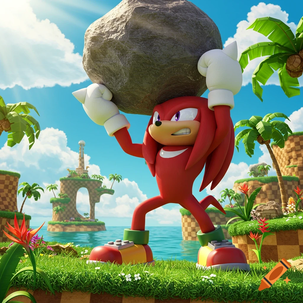 Knuckles from Sonic the Hedgehog, a red echidna, lifts a large rock ...