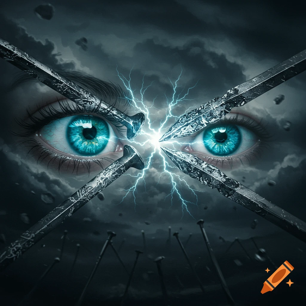 Two glowing blue eyes confront four large nails sparking with lightning ...