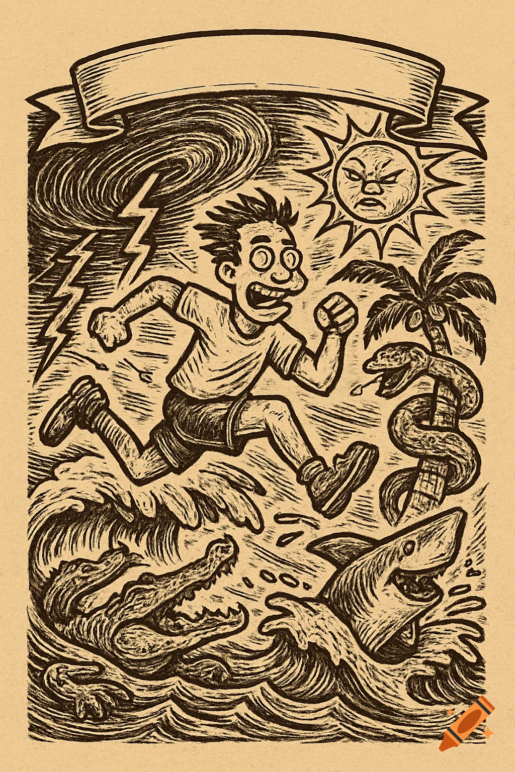 Woodcut style cartoon of a wide-eyed Florida Man running from an ...