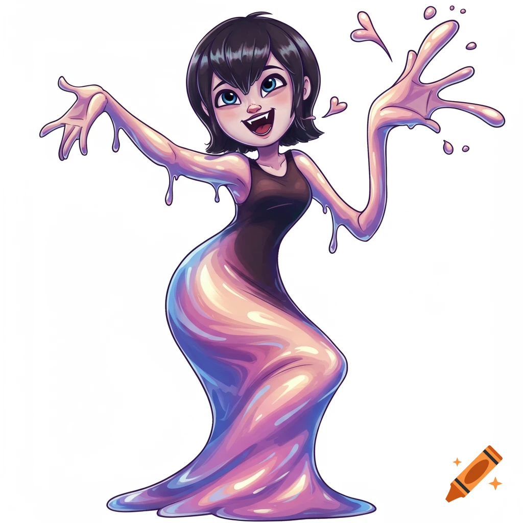 Cartoon illustration of Mavis Dracula happily dancing as a vibrant pink ...