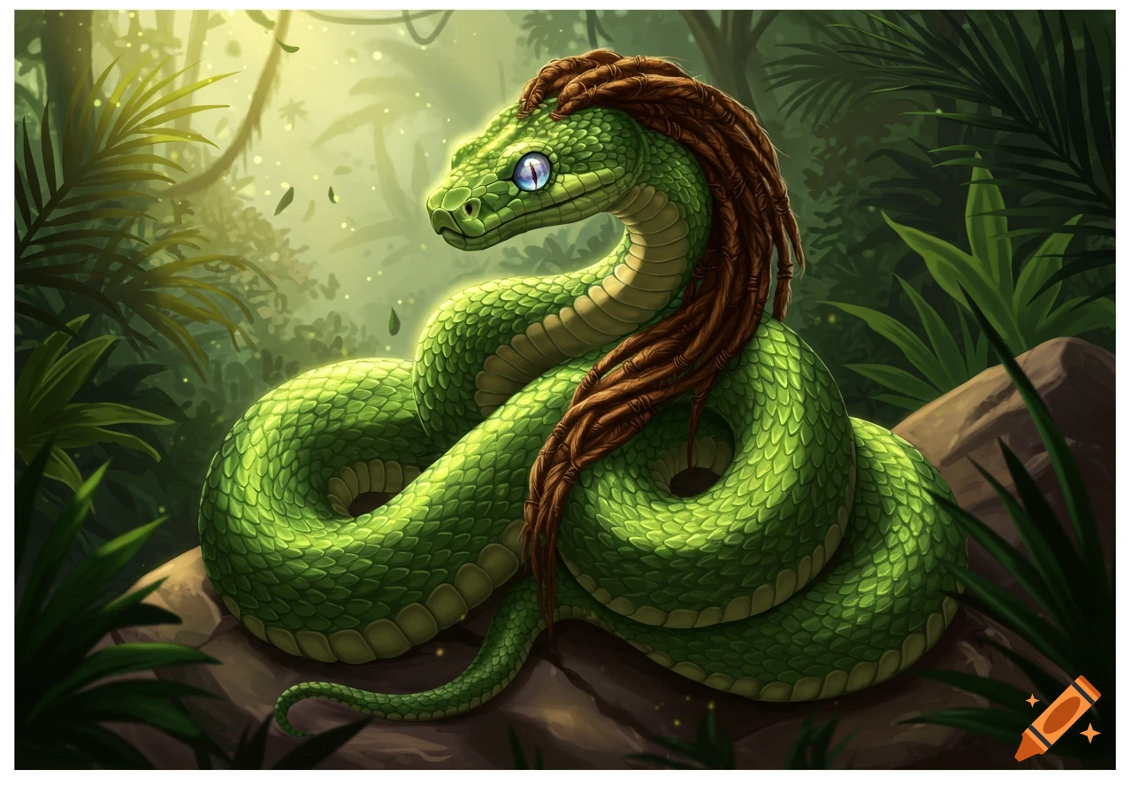 A green glittery snake coiled atop dark green slime with white pearls ...