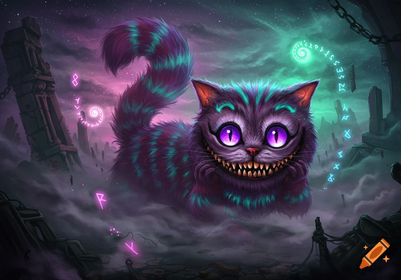 A pink, glowing-eyed, freaky bunny with long, curly ears in a dark ...