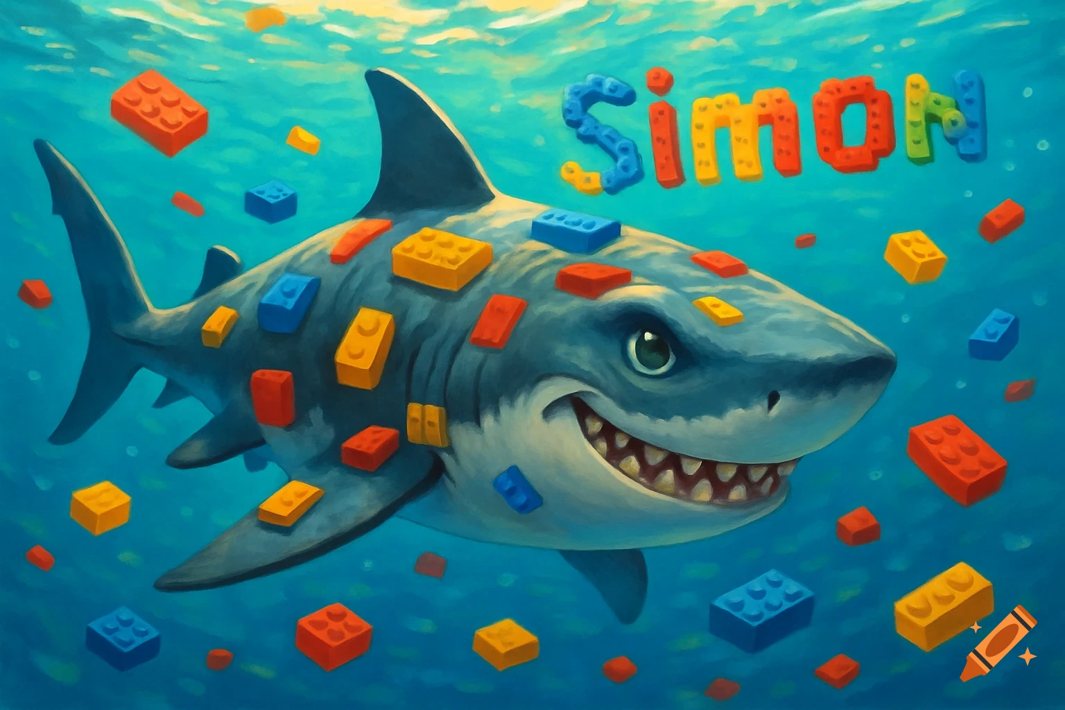 A friendly cartoon shark swims underwater with colorful Lego bricks ...