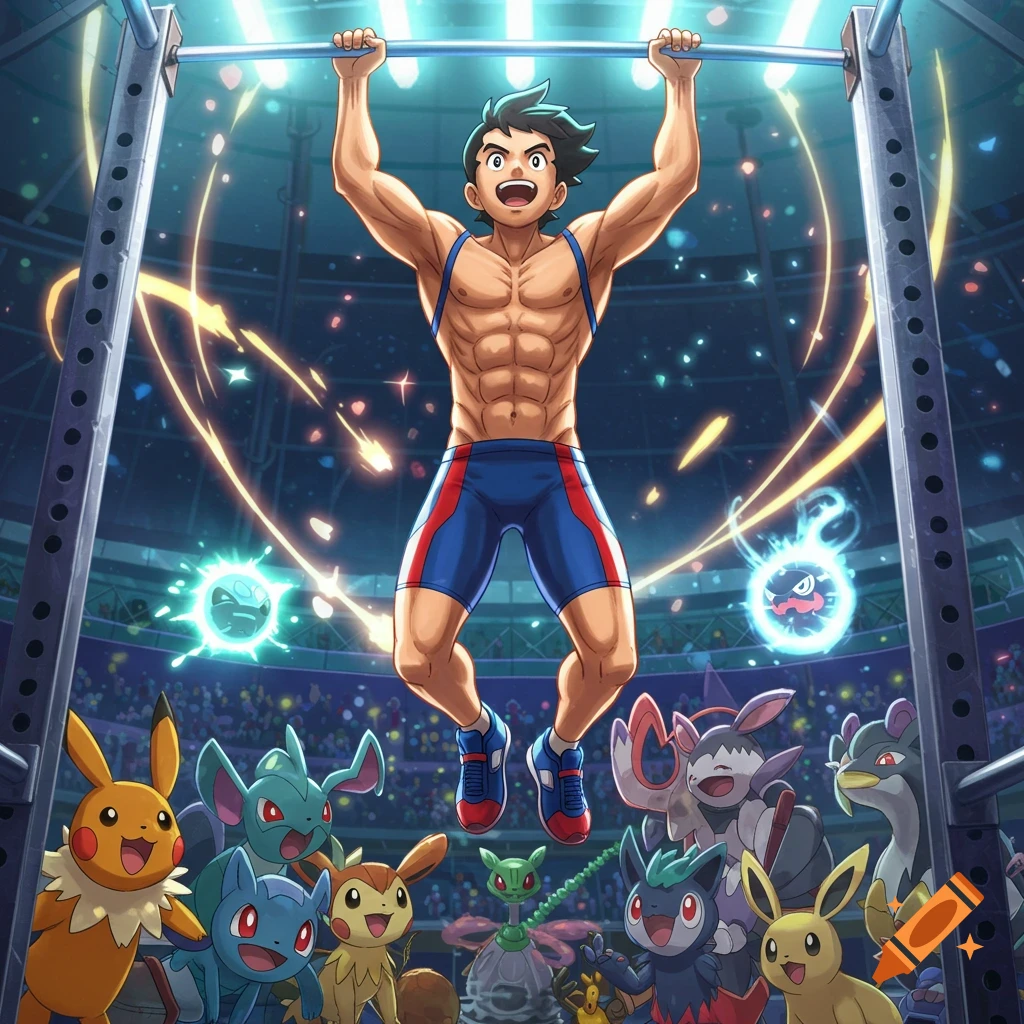 Muscular Ash Ketchum does a pull-up in a vibrant stadium, surrounded by ...