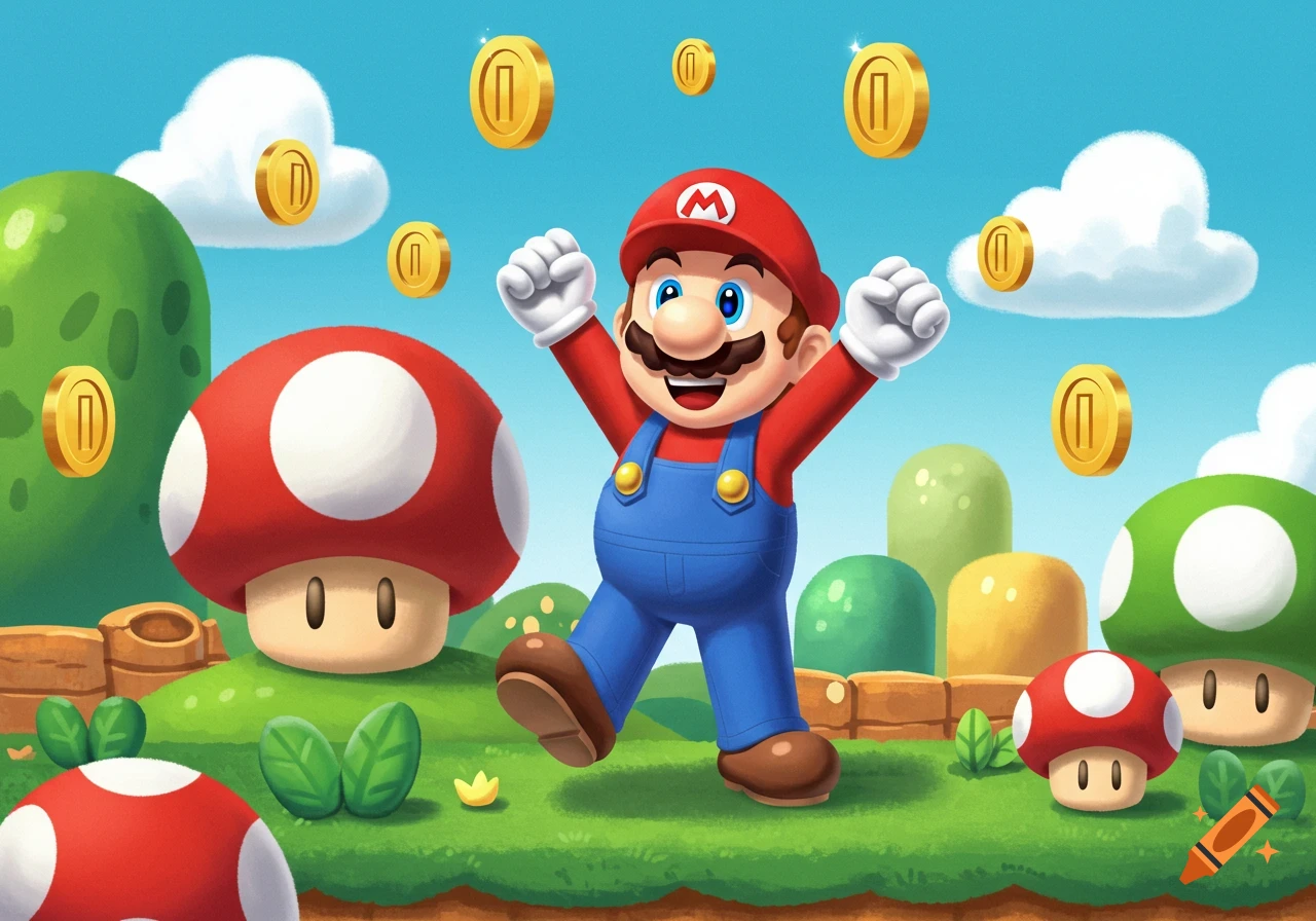 Cartoon Mario jumps happily, holding a question block in a vibrant ...