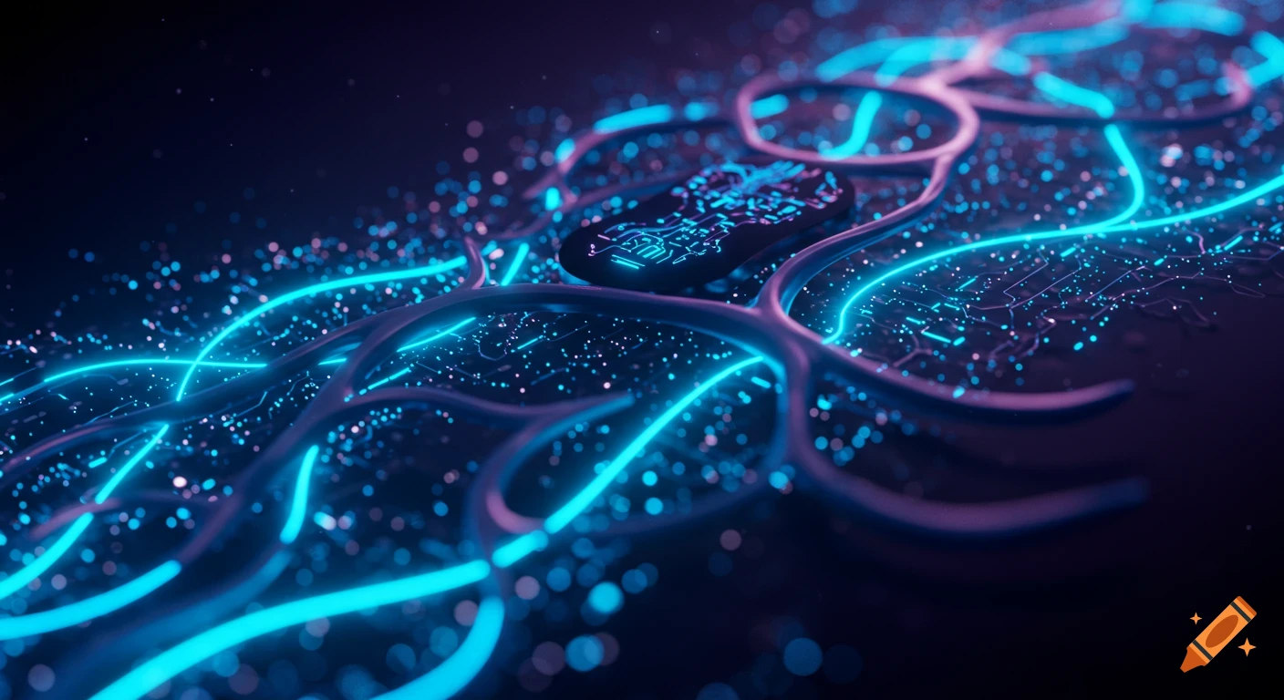 Vibrant abstract digital art of a room with colorful glowing light ...