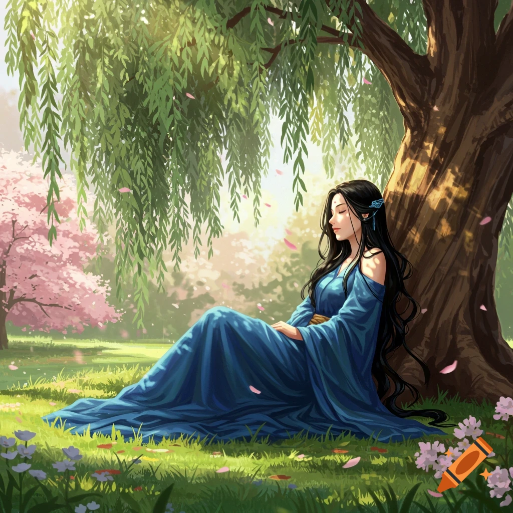 An anime-style person meditates in a lush green field under blooming ...