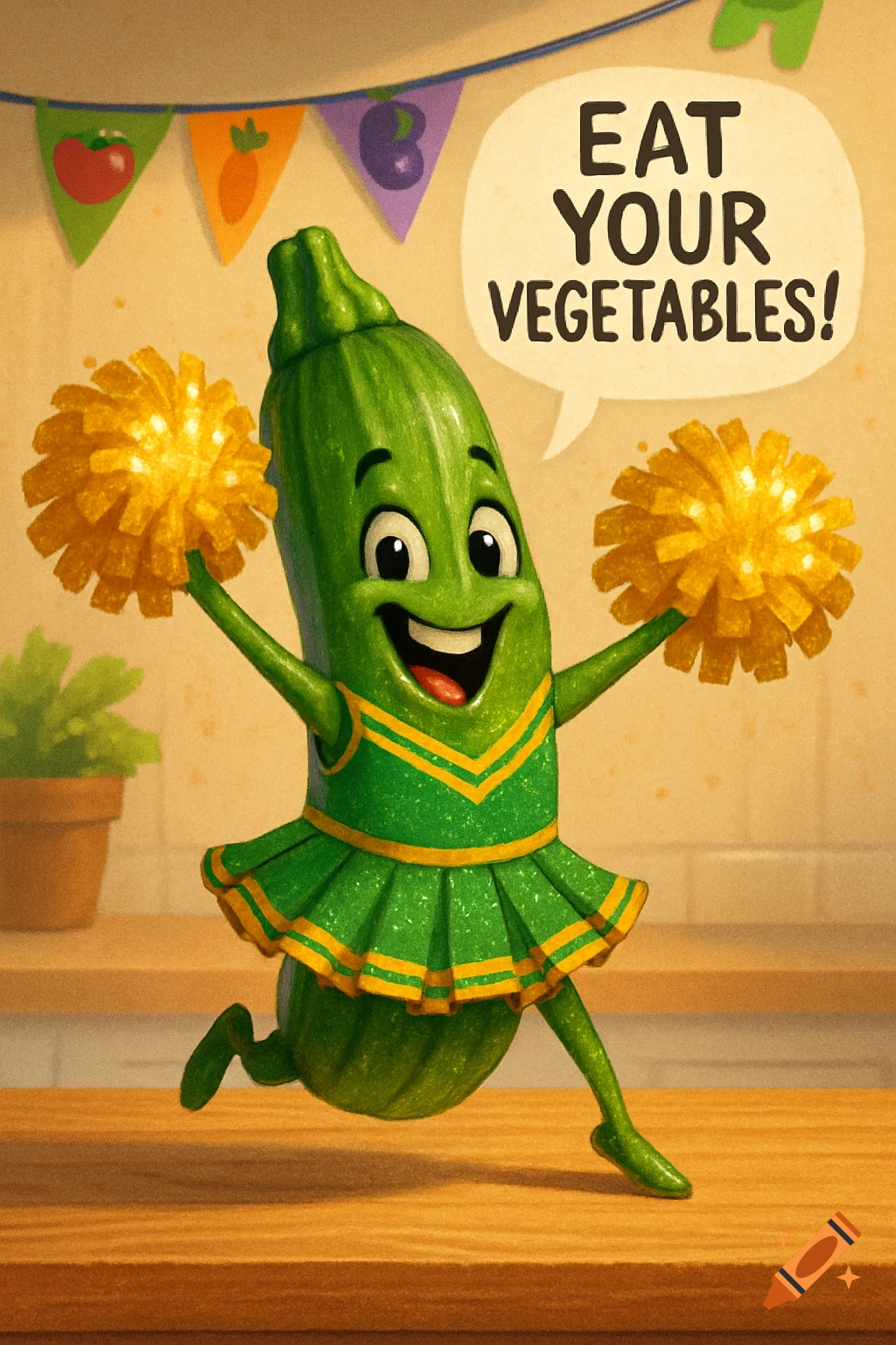 A happy cartoon courgette cheerleader holding yellow pom-poms, wearing ...