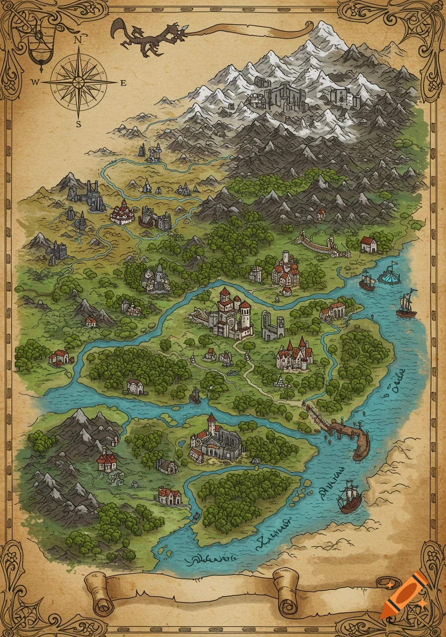 A detailed, colorful fantasy map featuring islands, mountains, forests ...