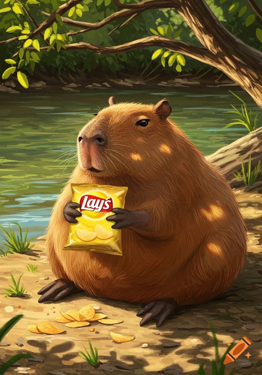 An illustration of a large capybara sitting by a river, holding a bag ...