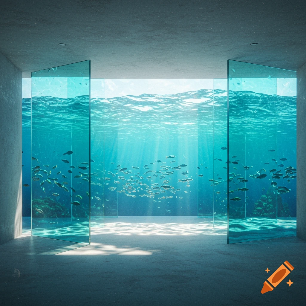 An embossed grayscale underwater scene with schools of fish swimming ...