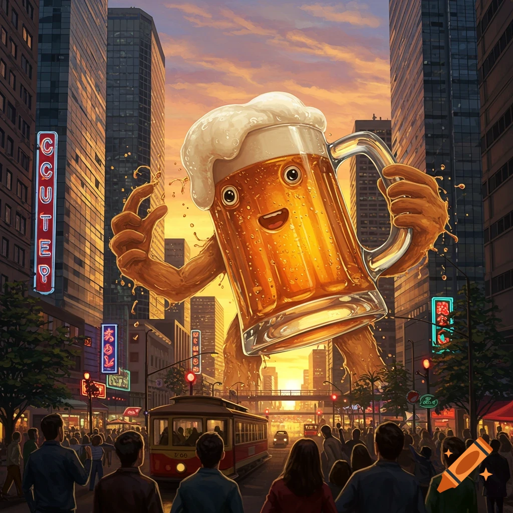 A giant cartoon beer mug monster with arms and legs stomps through a ...