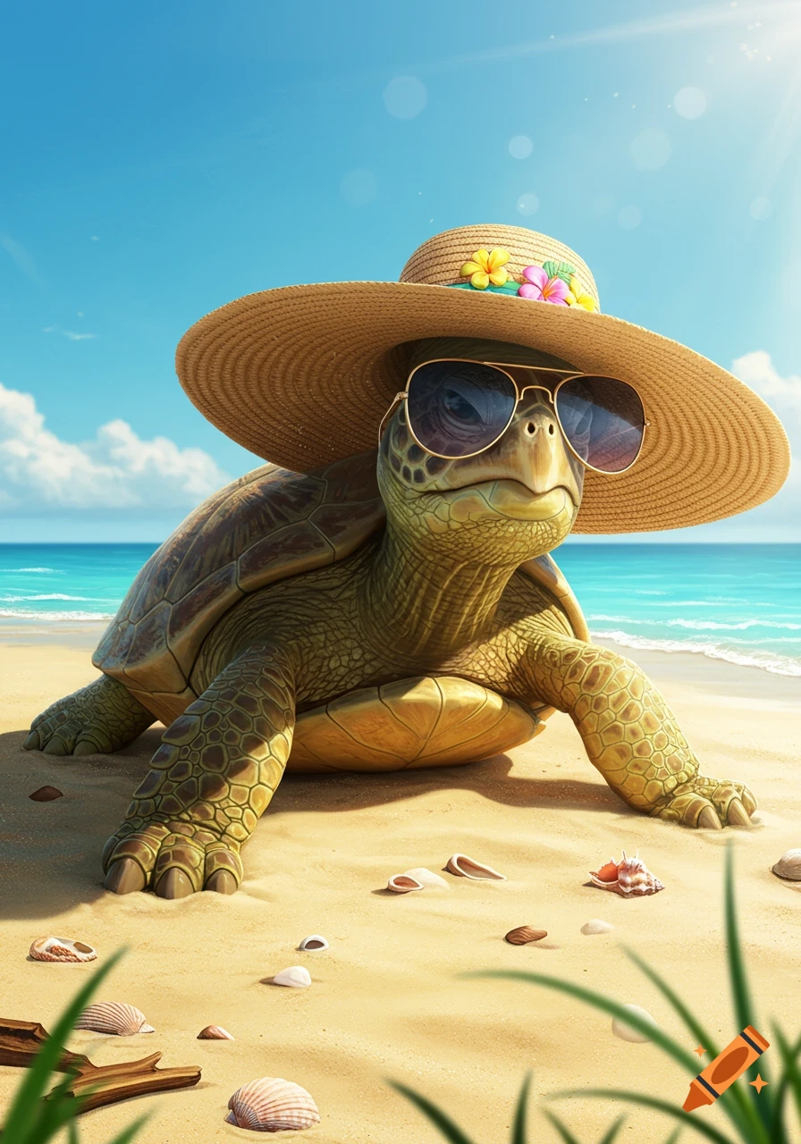 A photorealistic image of a brown and white cow lying on a sandy beach ...