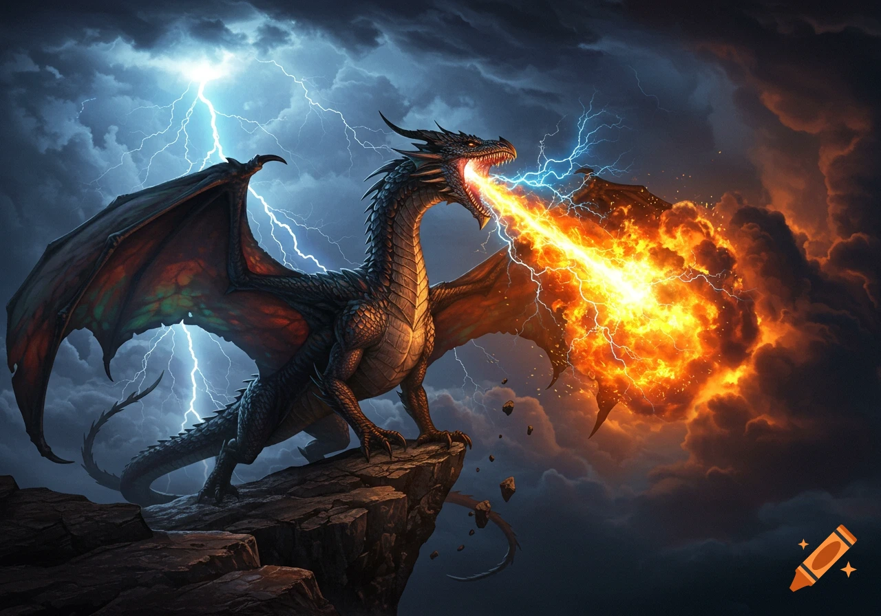 A majestic dark dragon with large wings breathes a fiery stream from ...
