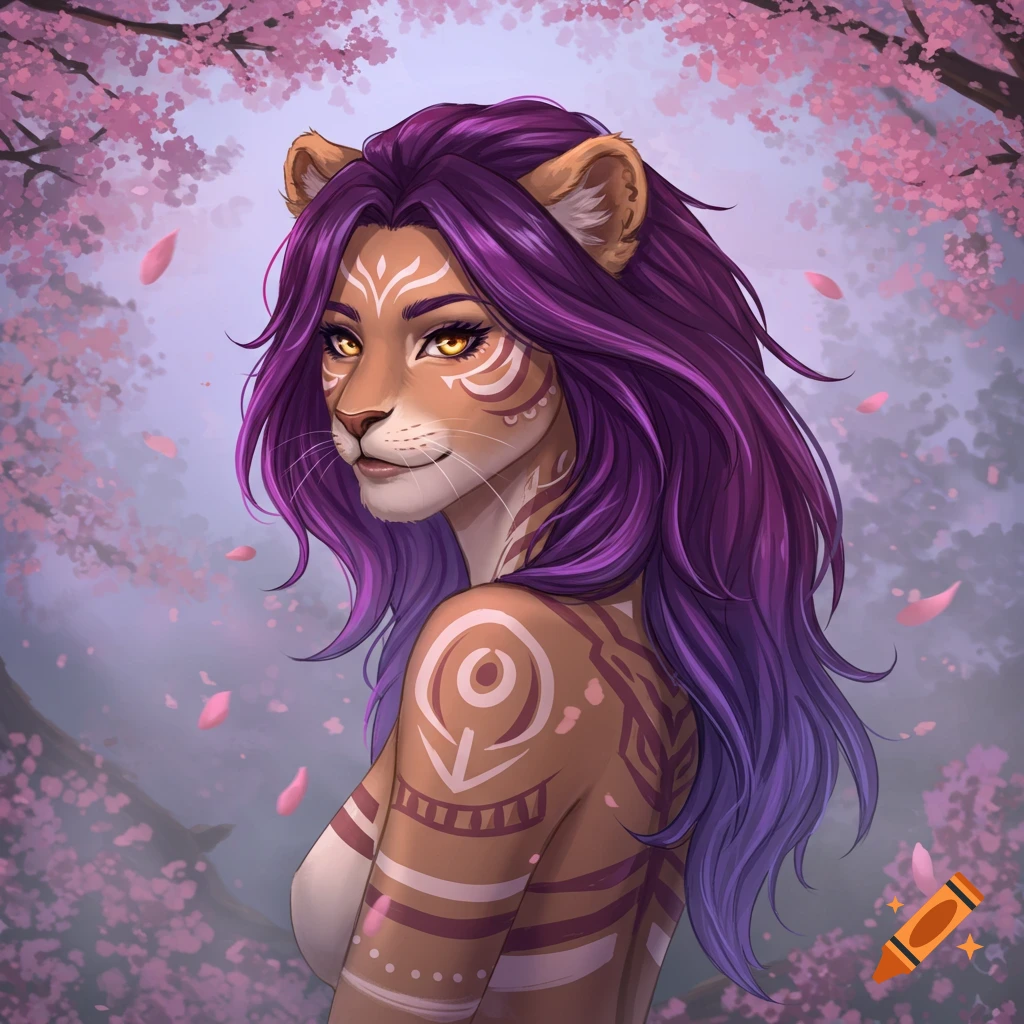 Anime-style anthropomorphic lioness with purple hair and tribal ...
