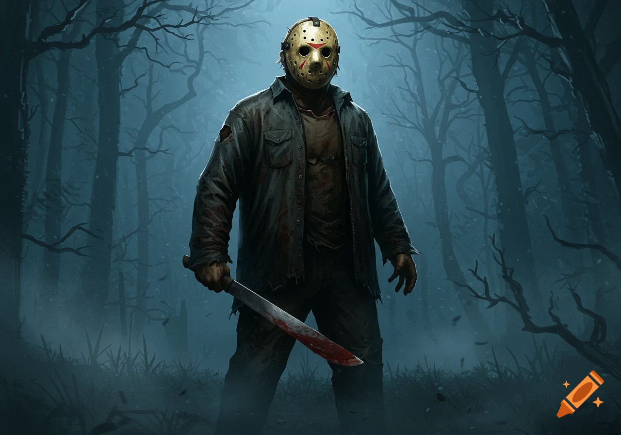 Jason Voorhees stands with a blood-stained machete in a dark, foggy ...