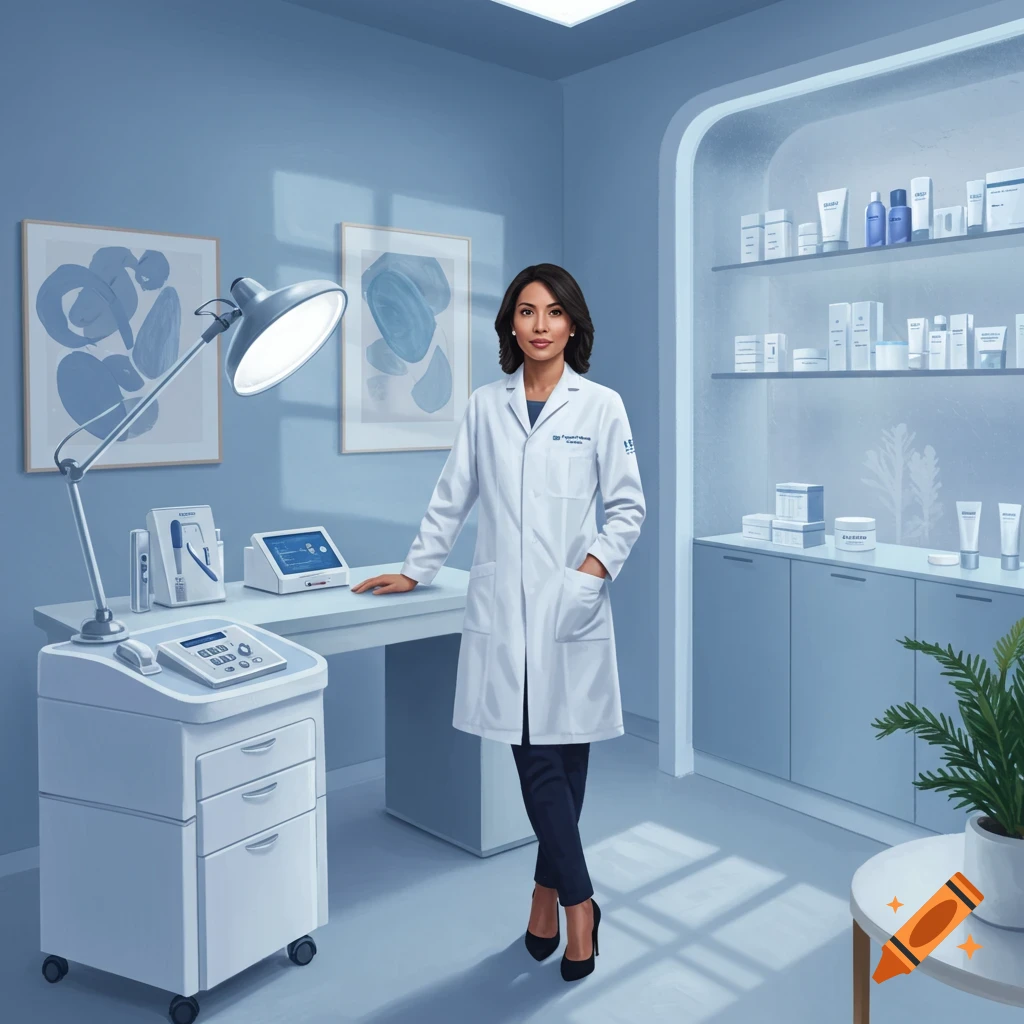 A female dermatologist in a white lab coat stands in a clean, modern ...