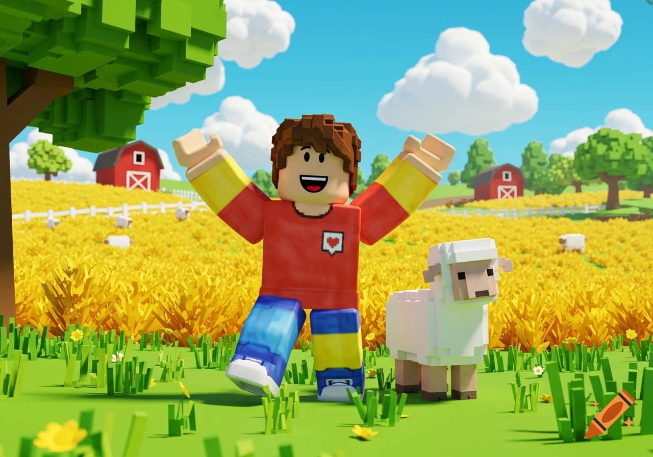 A happy Roblox character with arms raised stands next to a sheep in a ...
