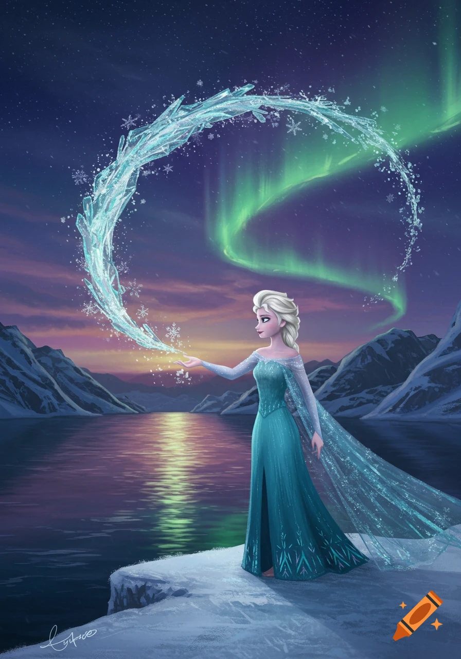 Elsa from Disney's Frozen stands on an ice lake under the aurora ...