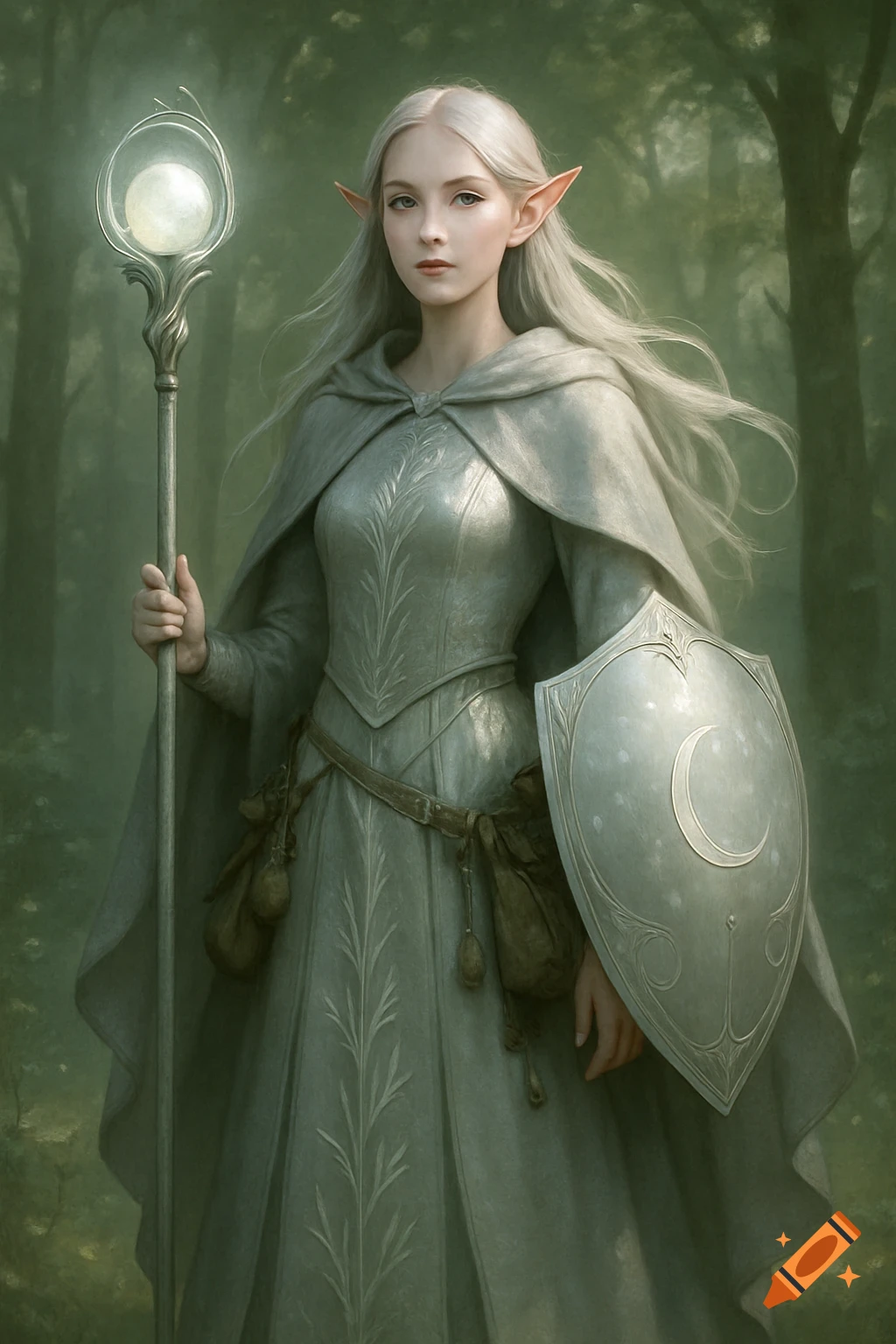 A pale elf woman with long silver hair, pointed ears, wearing a grey ...
