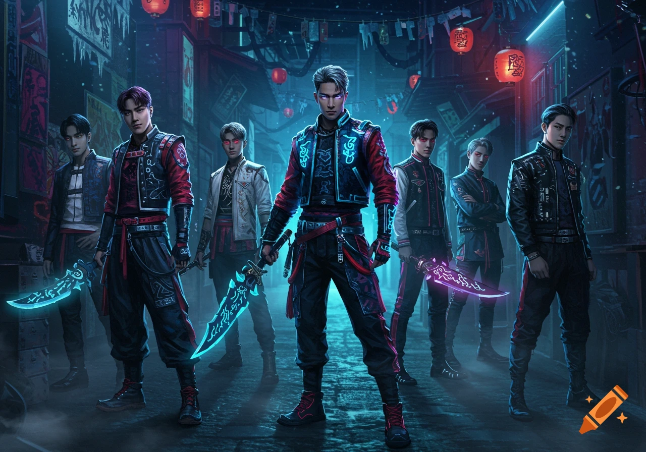 A diverse group of K-pop inspired demon hunters stand on a rainy neon ...
