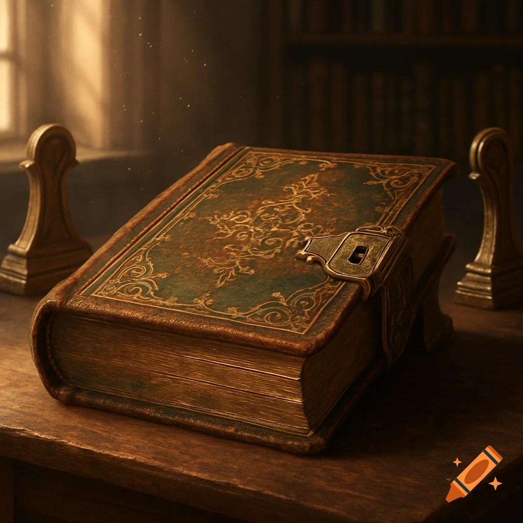 Ornate gold metal book corners with filigree designs resting on vintage ...